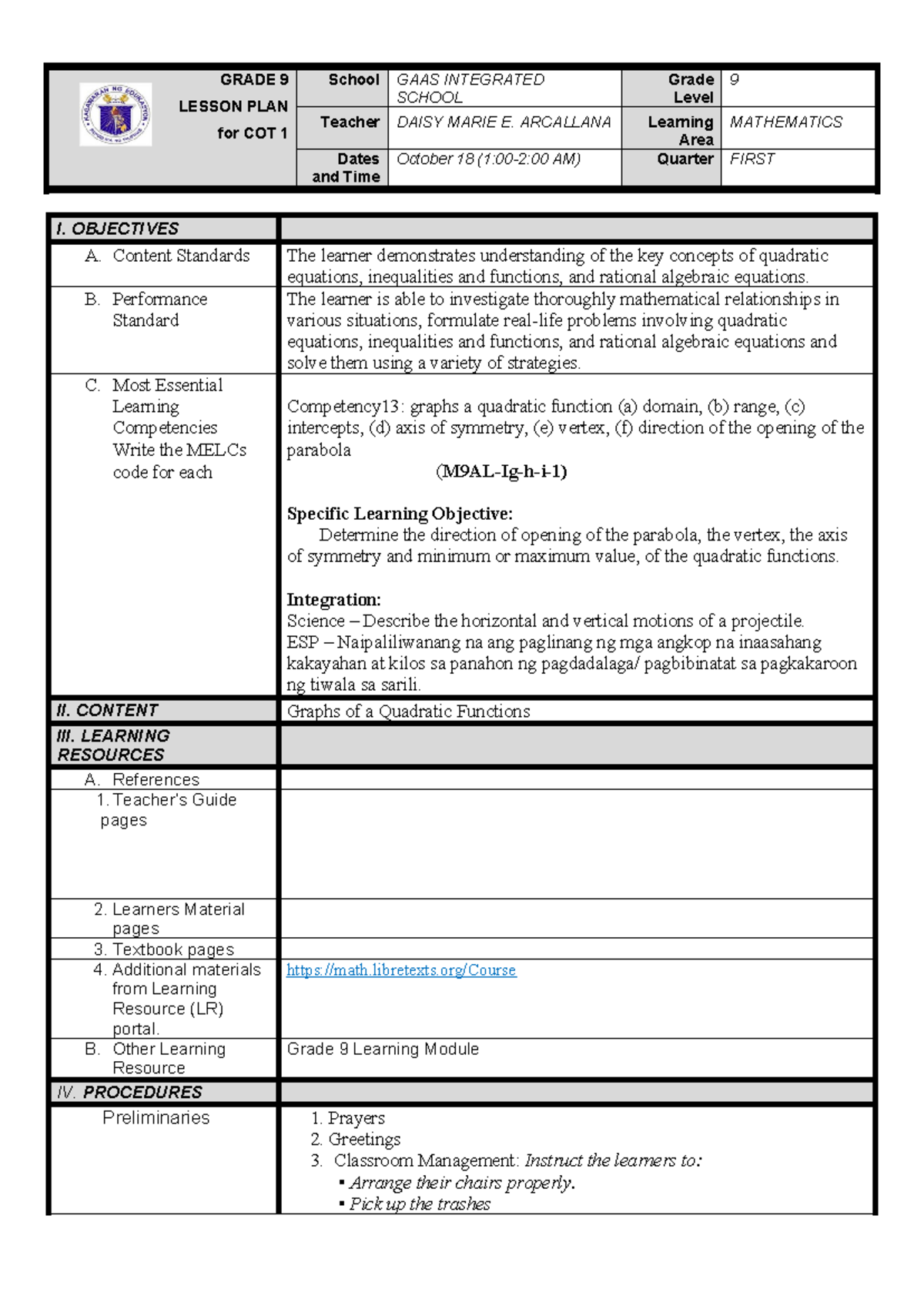 Grade 9 Math Lesson Plan on Quadratic Functions (COT 1) - Studocu