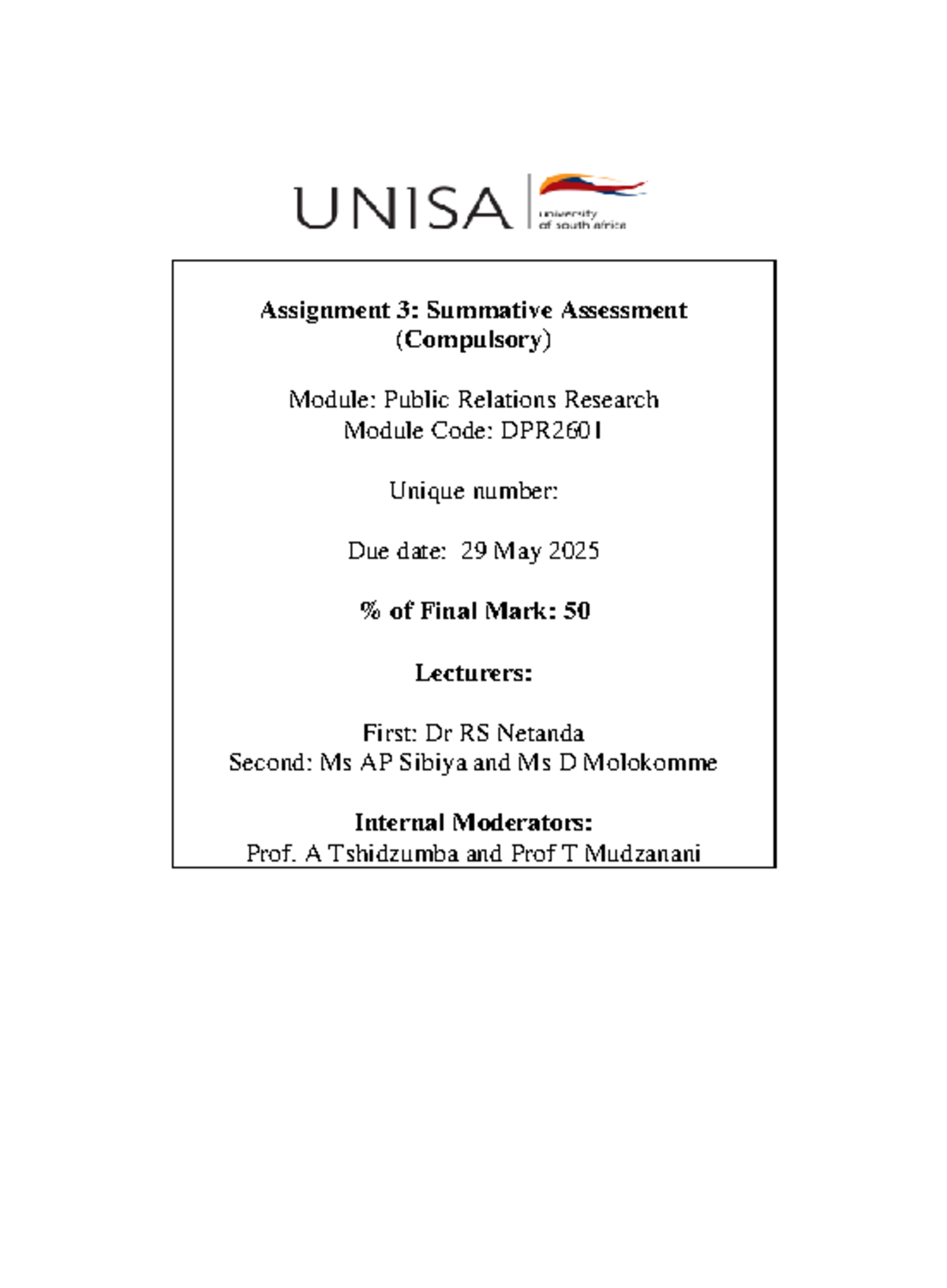 DPR2601 Assignment 3: Public Relations Research Summative Assessment ...