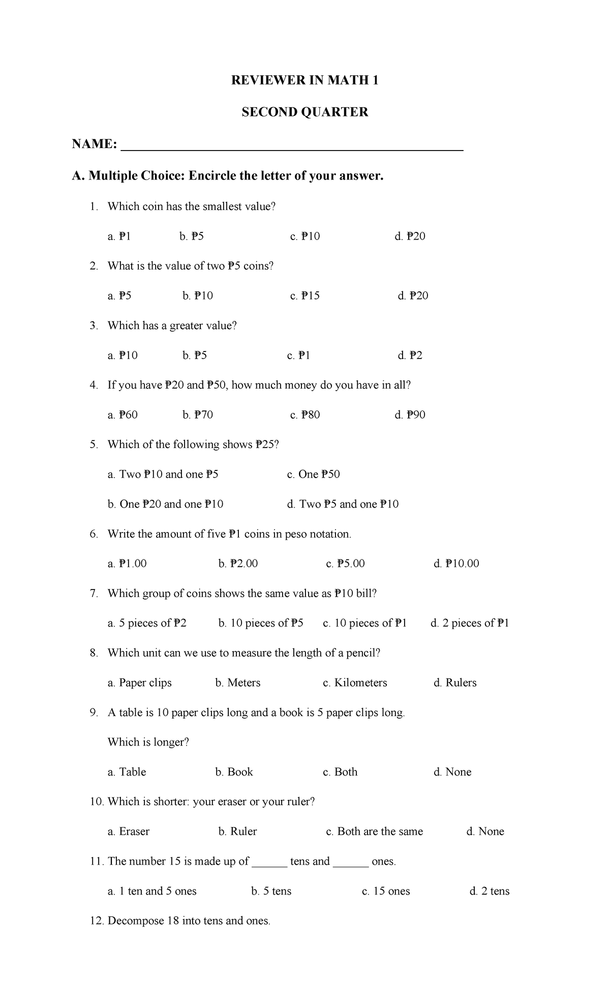 2nd Quarter Math 1 Reviewer: Multiple Choice Questions - Studocu