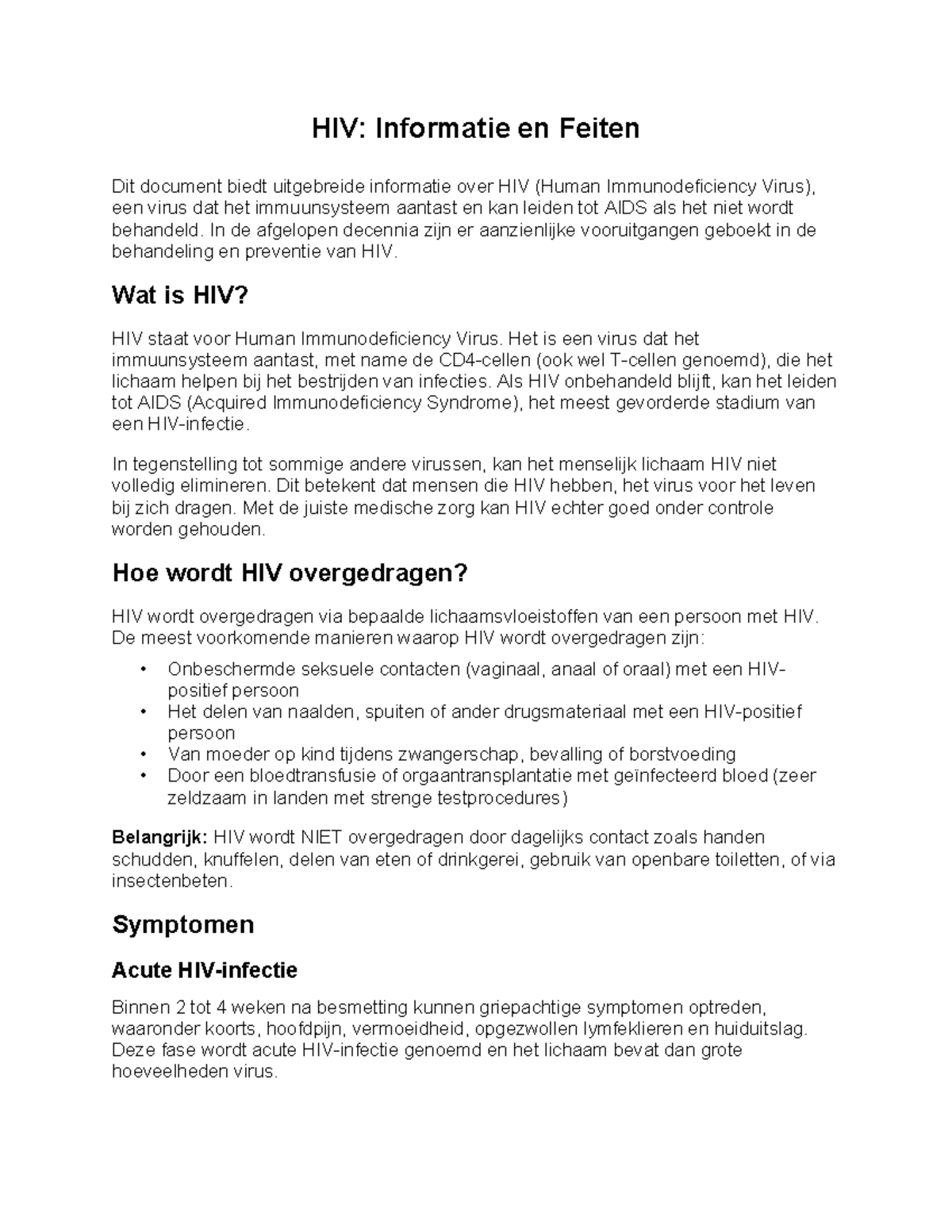 HIV: Informatie en Feiten over Behandeling en Preventie - Studocu