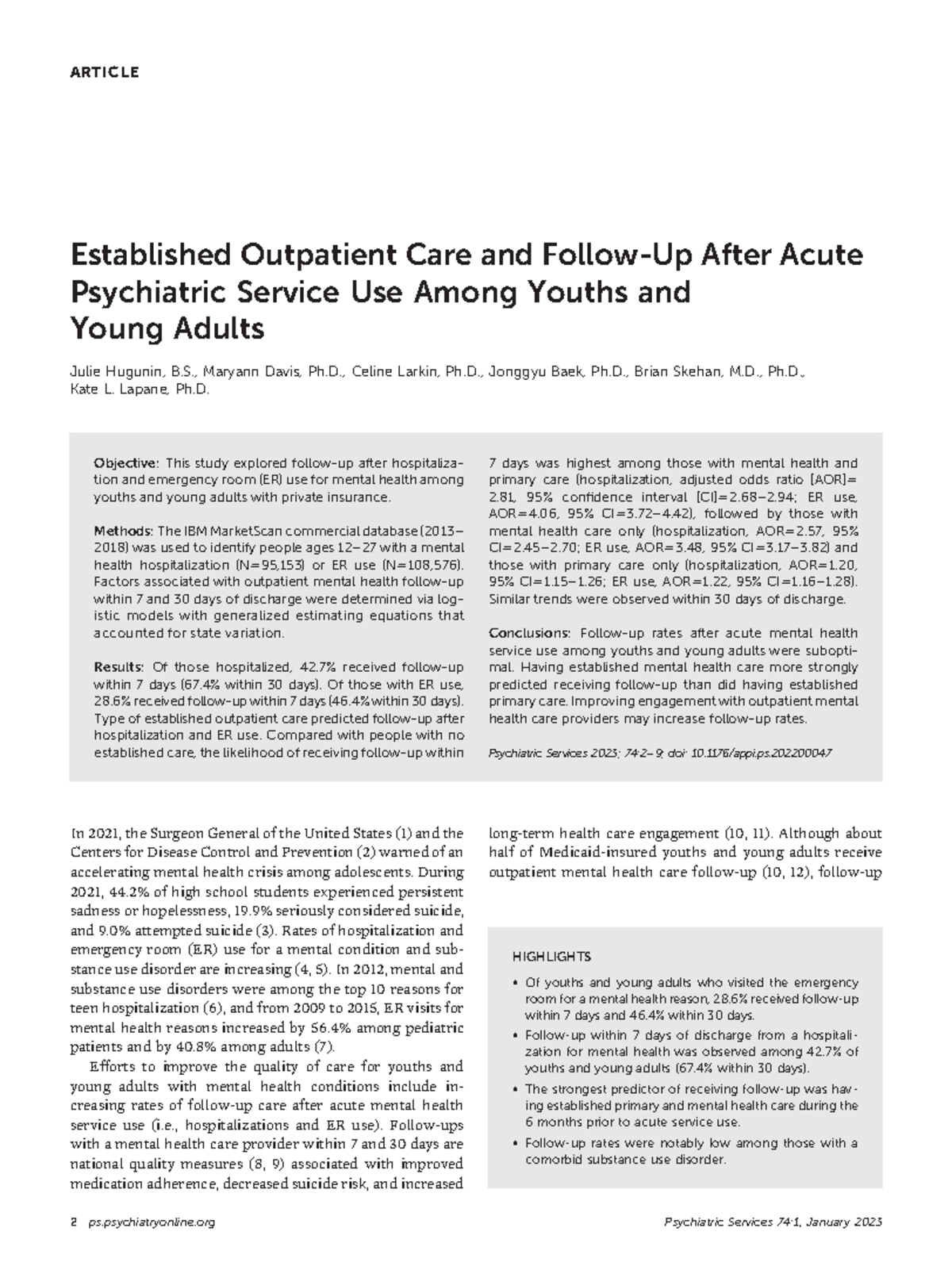Follow-Up Care After Acute Psychiatric Service Use Among Youths - Studocu