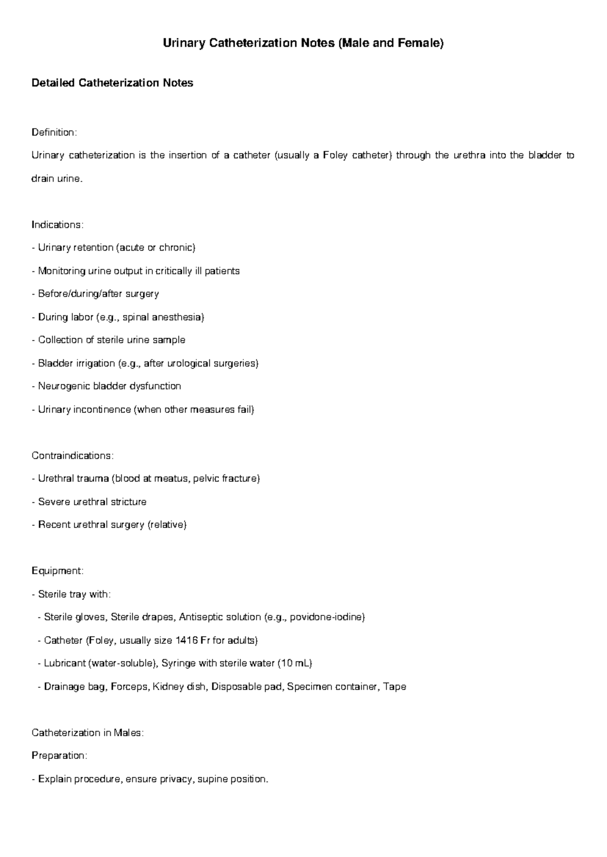 Catheterization Notes (Male & Female) - Detailed Overview - Studocu