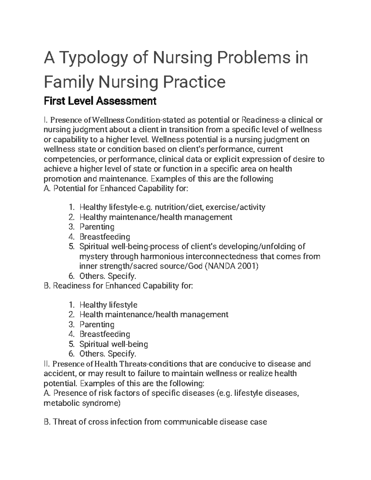 Nursing Problems in Family Care: Assessment I (Nursing 101) - Studocu