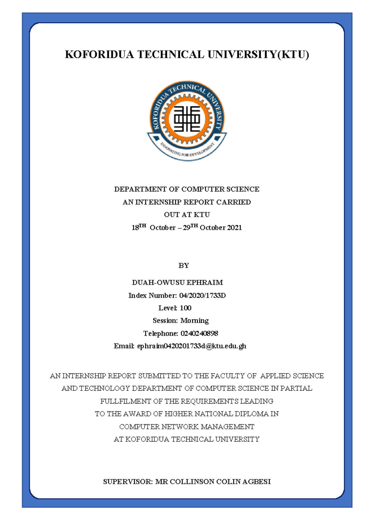 Internship Report for Computer Network Management - KTU HND - Studocu