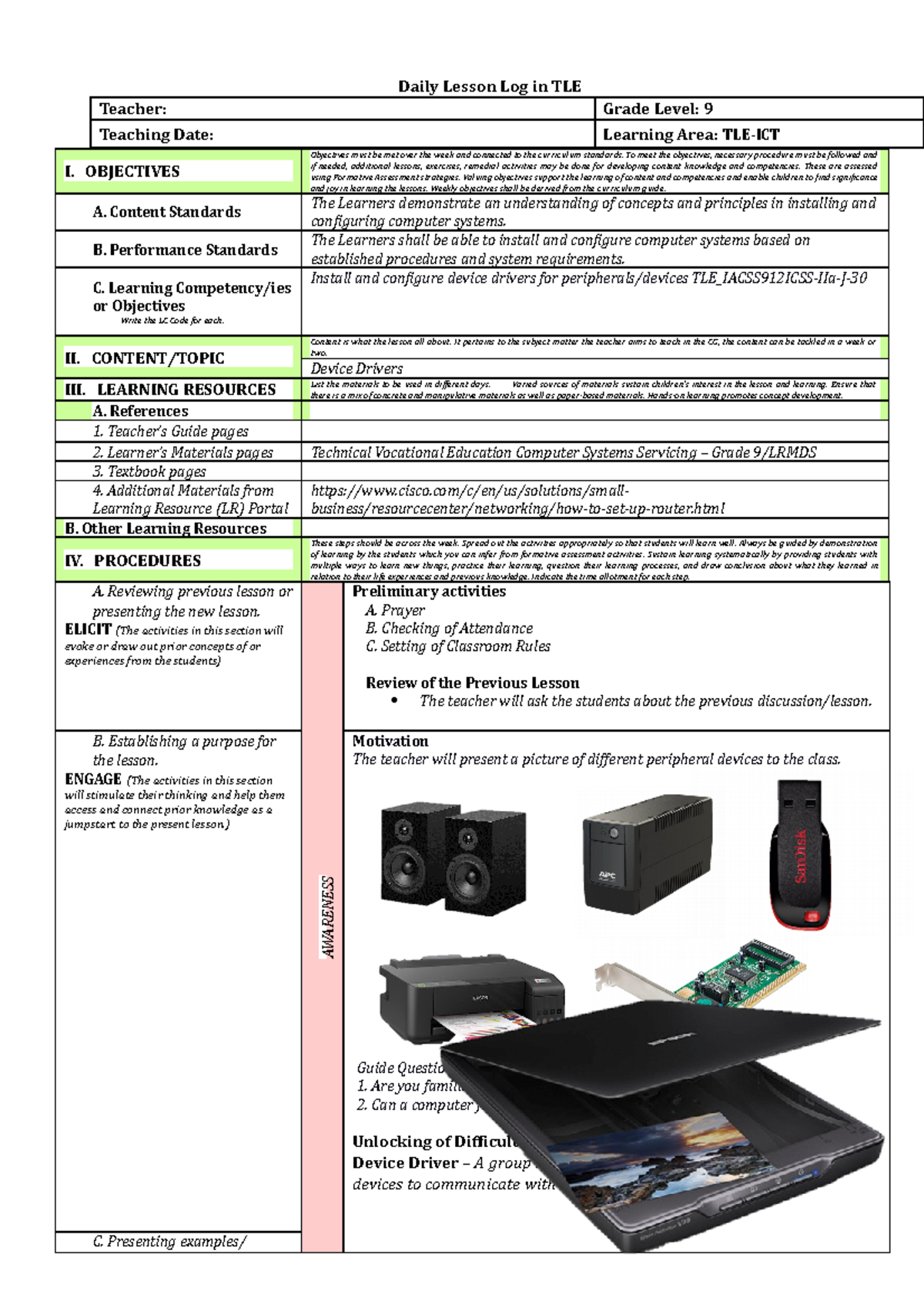 DLP ICT-CSS9 - Detailed Lesson Plan on Device Drivers for TLE-ICT - Studocu