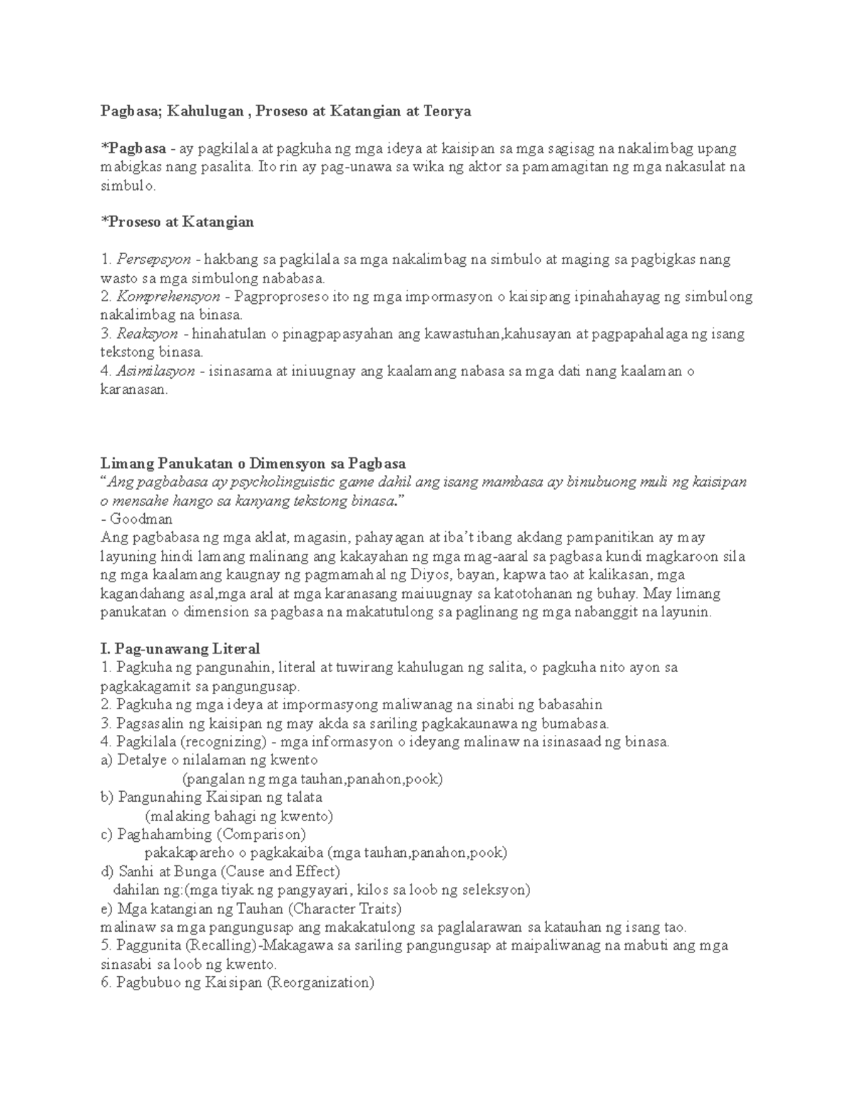 Pagbasa - Lecture summary - Pagbasa; Kahulugan , Proseso at Katangian ...