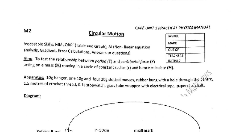 CAPE UNIT 1 CIRCULAR MOTION PRACTICAL MANUAL M2 - Studocu