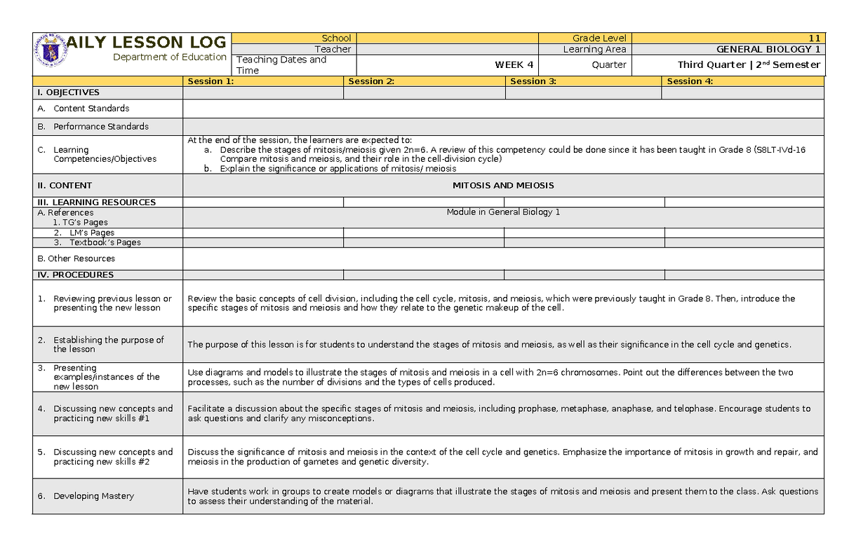 Dll general biology 1 week 4 quarter 3 - DAILY LESSON LOG Department of Education School Grade ...