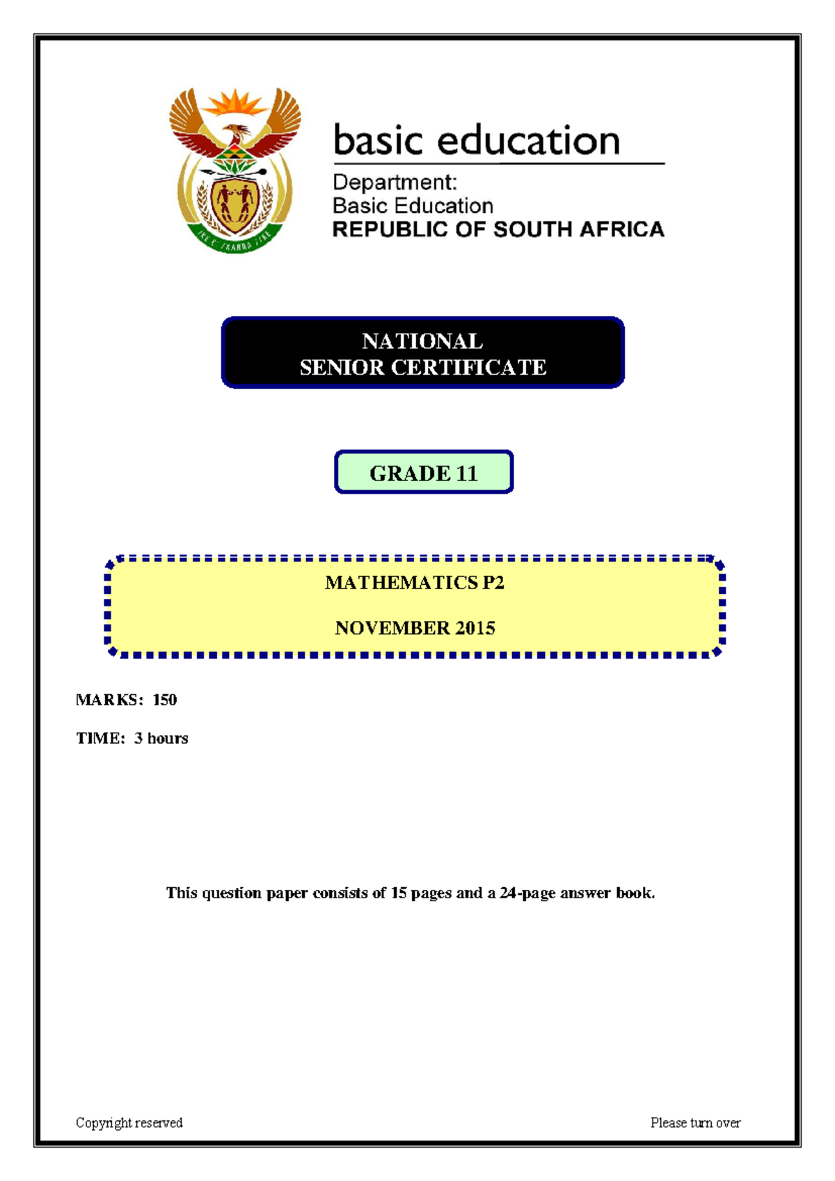 Mathematics P2 Grade 11 November 2015 Exam Paper and Solutions - Studocu