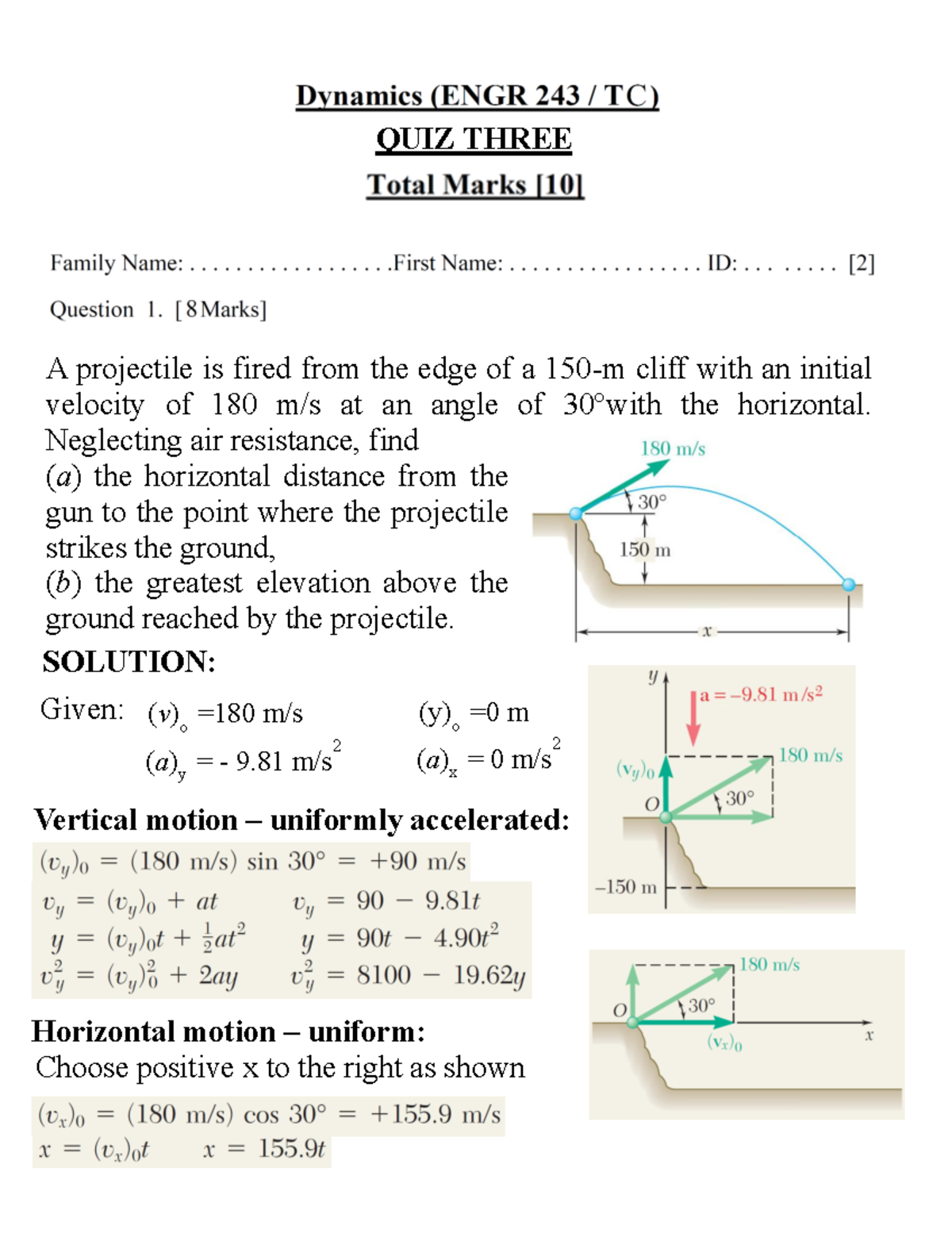 Quiz 3 (2019): Projectile Motion Questions and Solutions - Studocu