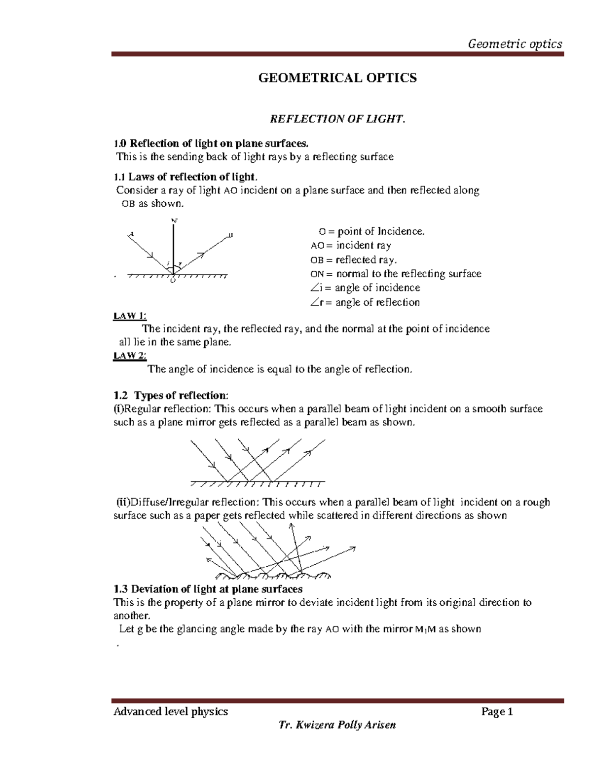 Geometric Optics Reflection of Light - Advanced Physics Notes - Studocu