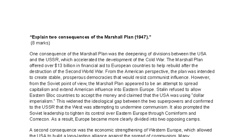 History Practice Exam: Consequences of the Marshall Plan (8 Marks ...