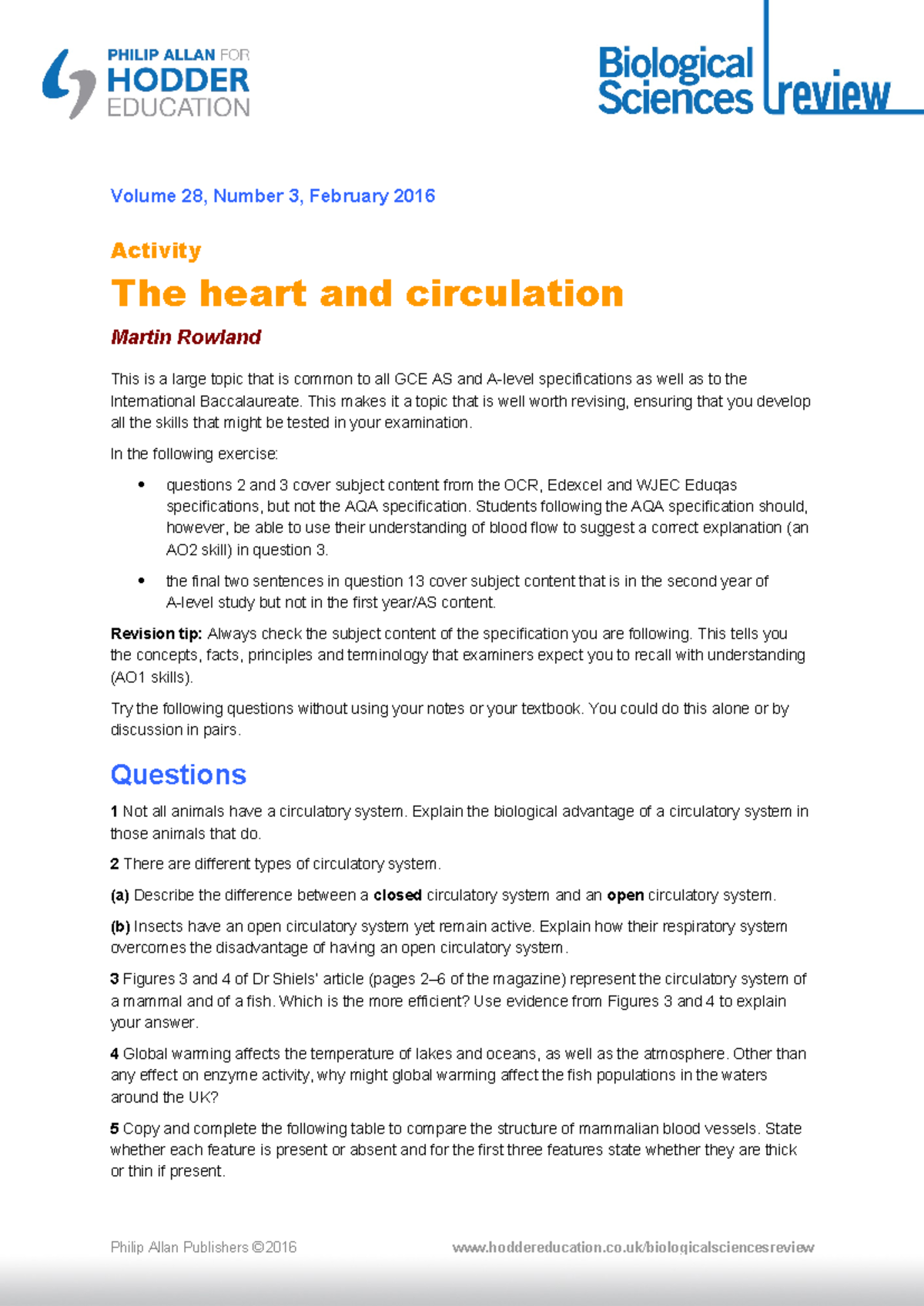 Biological Review 28: Heart & Circulation Worksheet for AS/A-Level ...