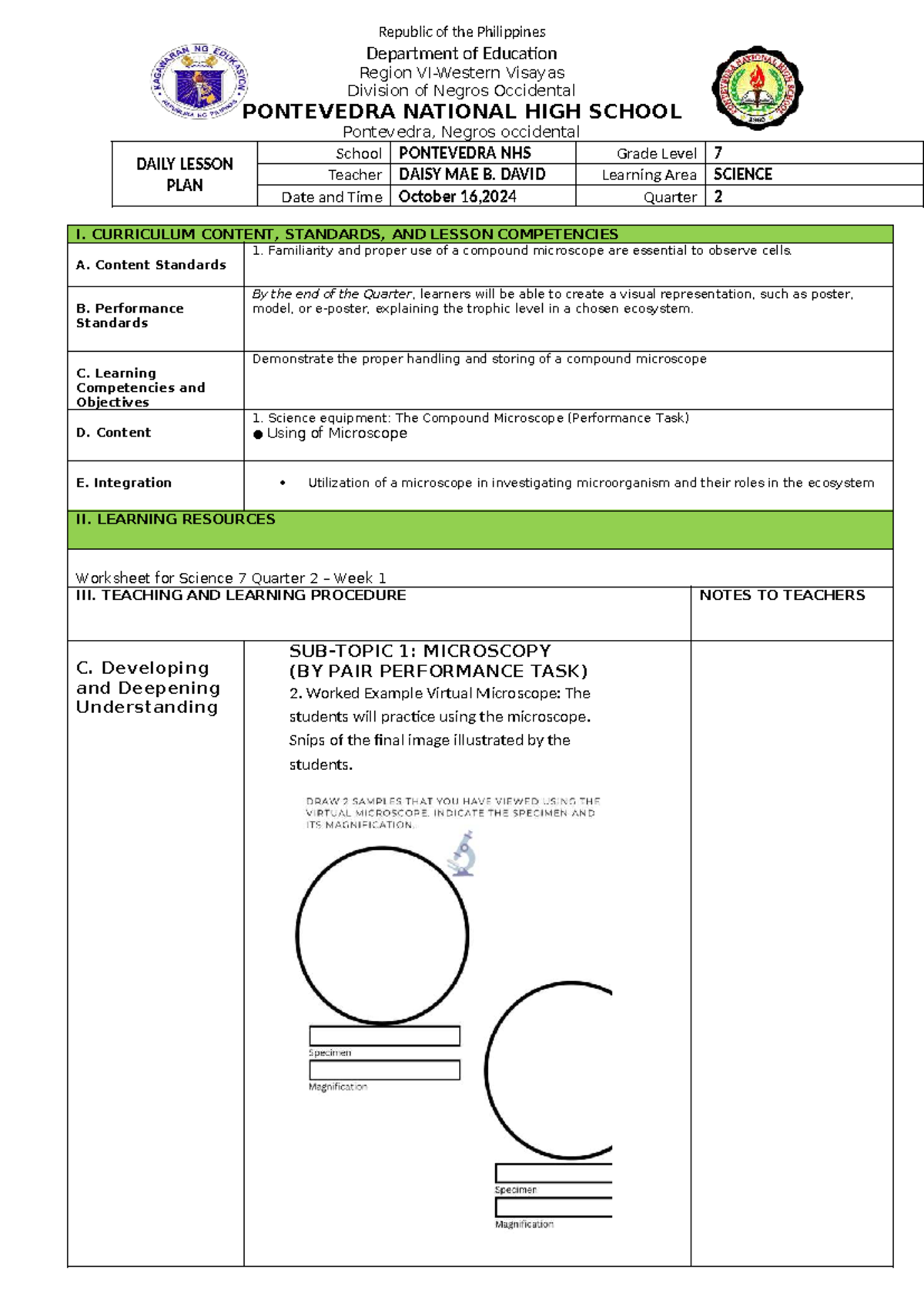 Q2W1 D5 Daily Lesson Plan - Science 7 Microscope Use - Studocu
