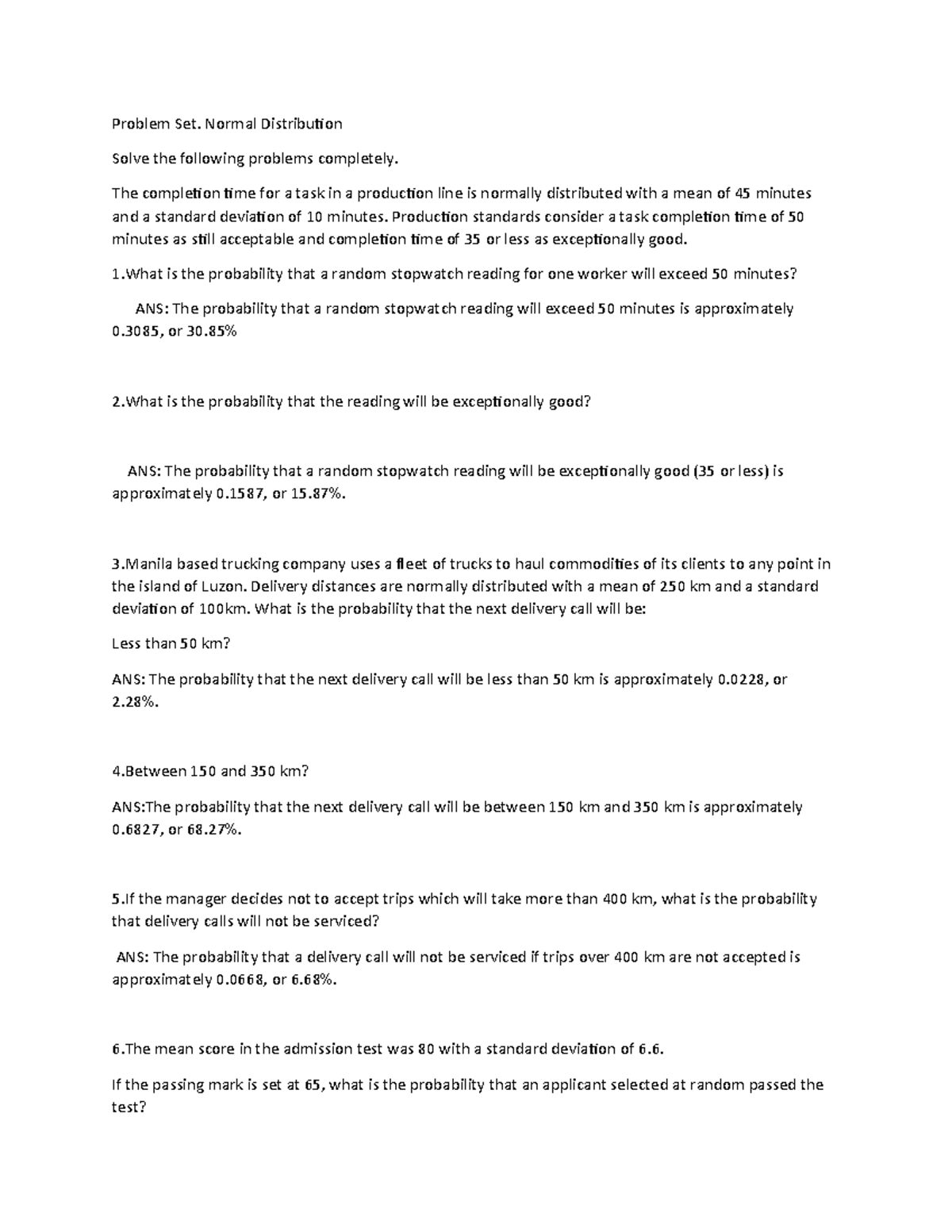 Stat 101: Problem Set on Normal Distribution Analysis - Studocu