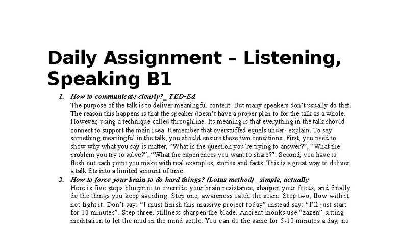 Daily Assignment: Listening & Speaking B1 - Communication Techniques ...