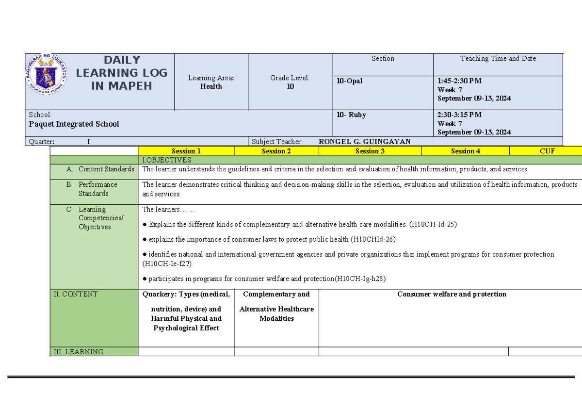Health 10 Q1 week 2 - Summary Secondary Education - DAILY LEARNING LOG ...