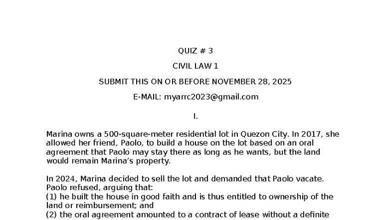 QUIZ 3: CIVIL LAW 1 - PROPERTY RIGHTS & ACQUISITIVE PRESCRIPTION - Studocu