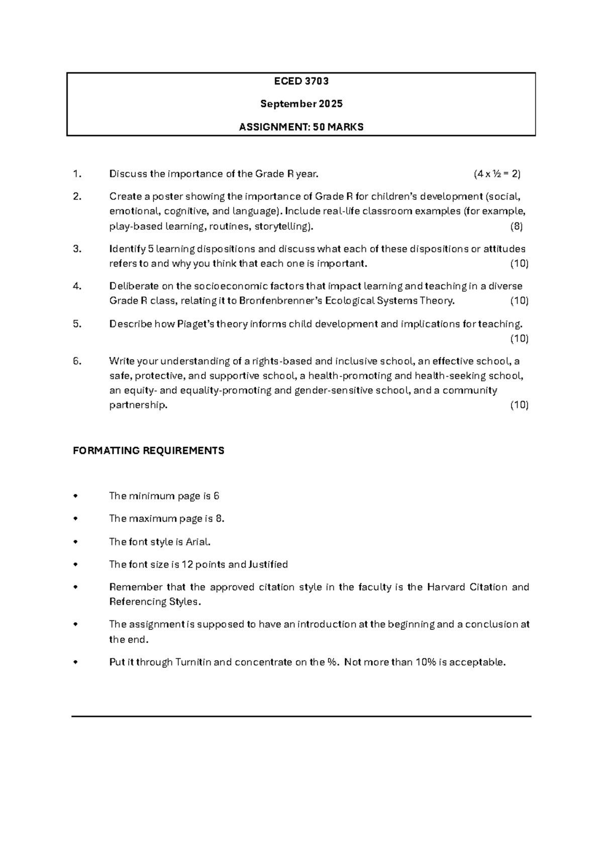 ECED 3703 September 2025 Assignment: Importance of Grade R Year - Studocu