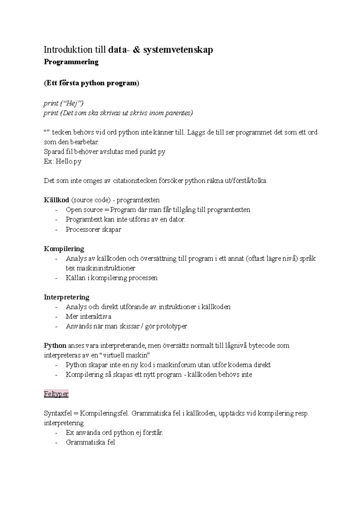 Introduktion till Programmering i Python - DSV1010 Lektion 1 - Studocu