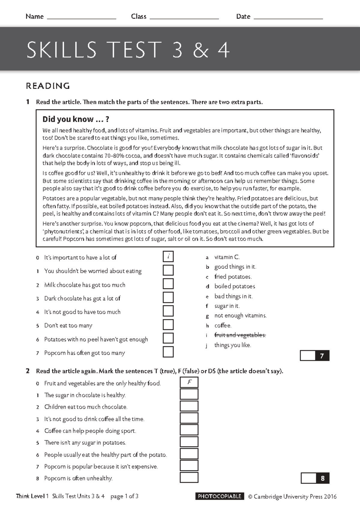 Think Level 1 Skills Test Units 3-4 - SKILLS TEST 3 & 4 READING 1 Read ...