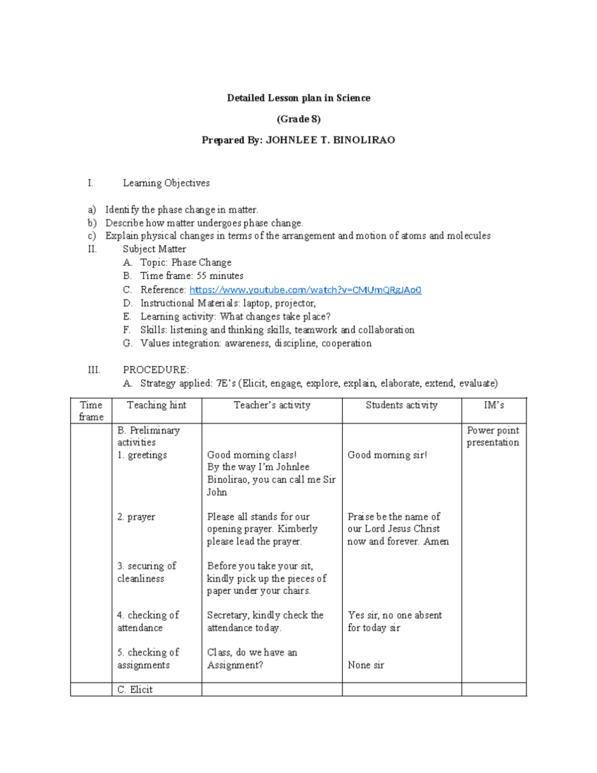 Grade 8 Science Lesson PLAN: Understanding Phase Change - Studocu