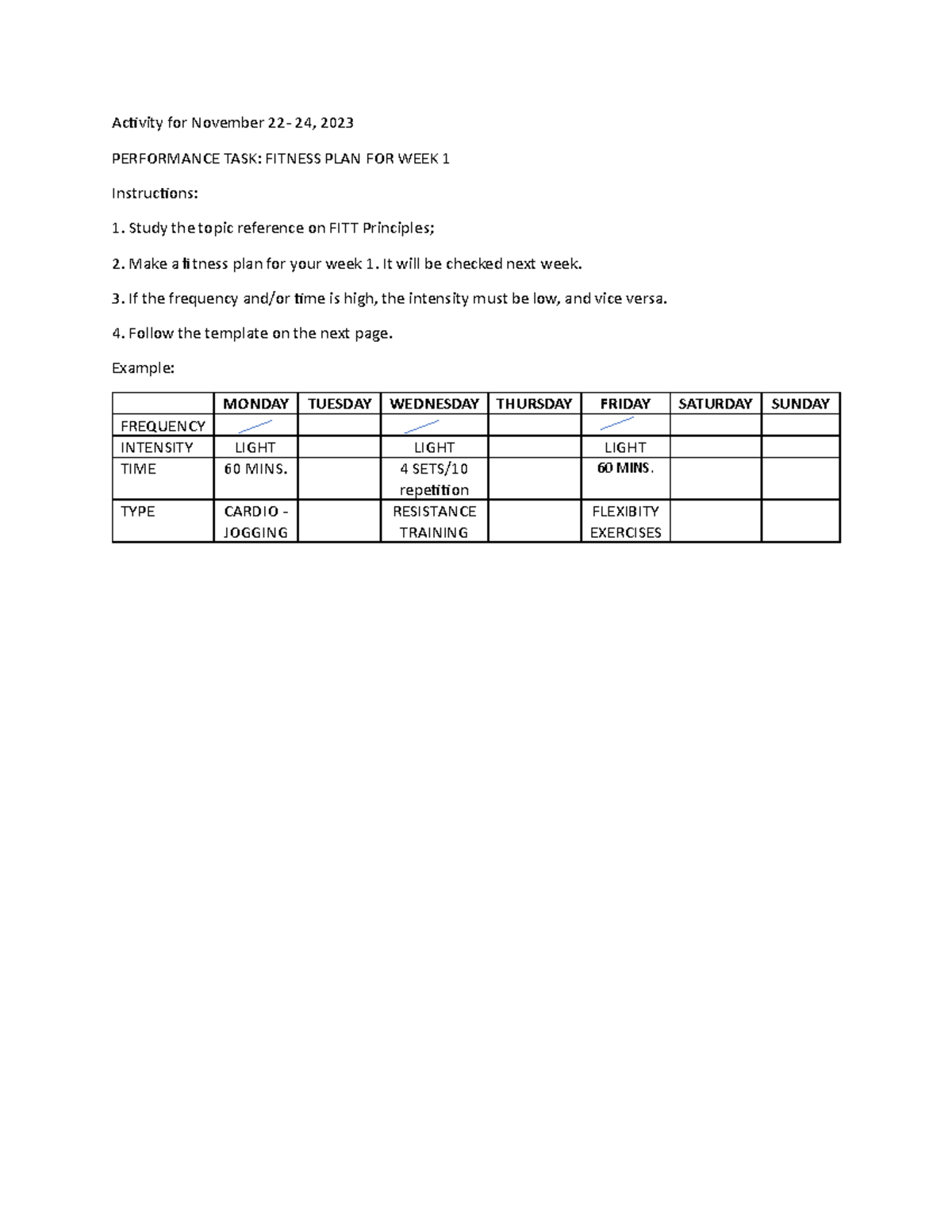 PERFORMANCE TASK: WEEK 1 FITNESS PLAN (Nov 24, 2023) - Studocu
