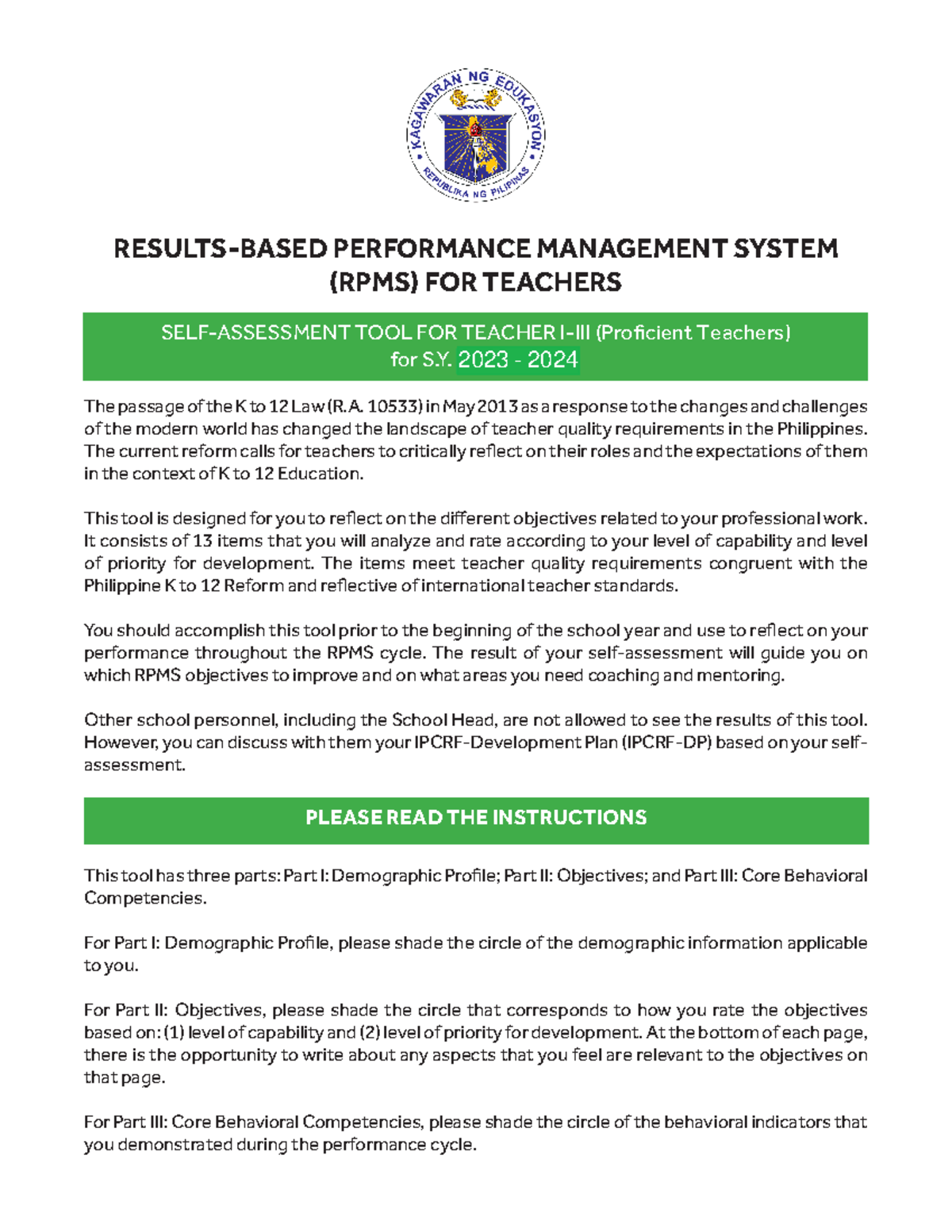RPMS Self-Assessment Tool for Teacher I-III (E-SAT T1-T3) - Studocu