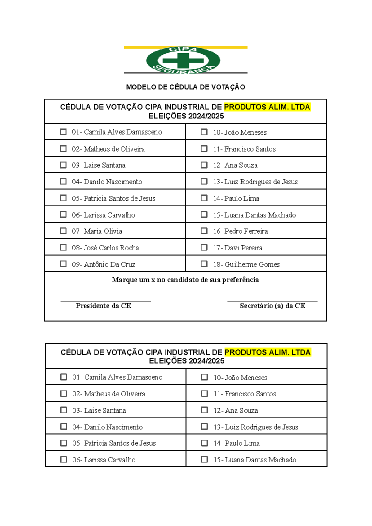 Modelo de Cédula de Votação - Eleições CIPA 2024 - Studocu