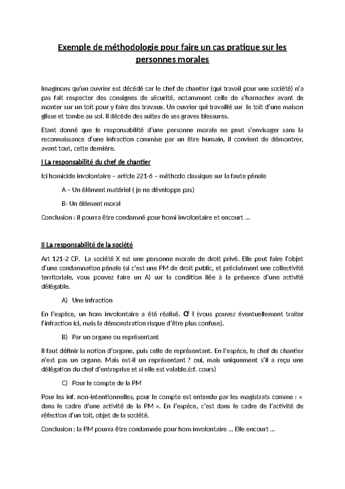 Méthodologie pour Cas Pratique sur Responsabilité Personnes Morales ...