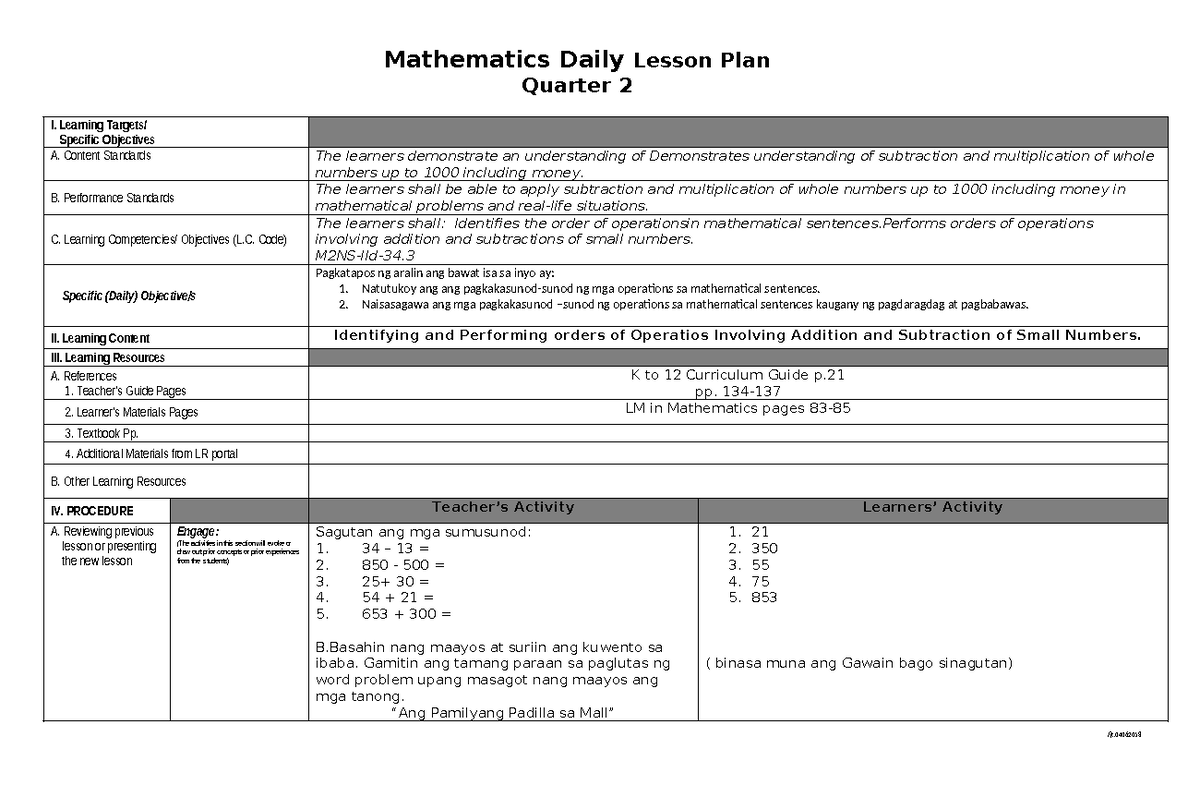 Mathematics Daily Lesson Plan: Quarter 2 Operations Overview - Studocu