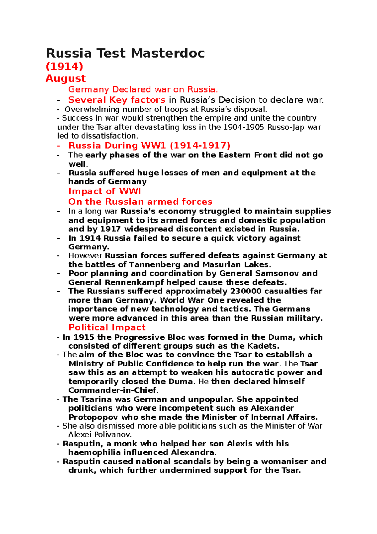Russia Test Masterdoc - U3 T1: Key Factors in the 1914 War Declaration ...