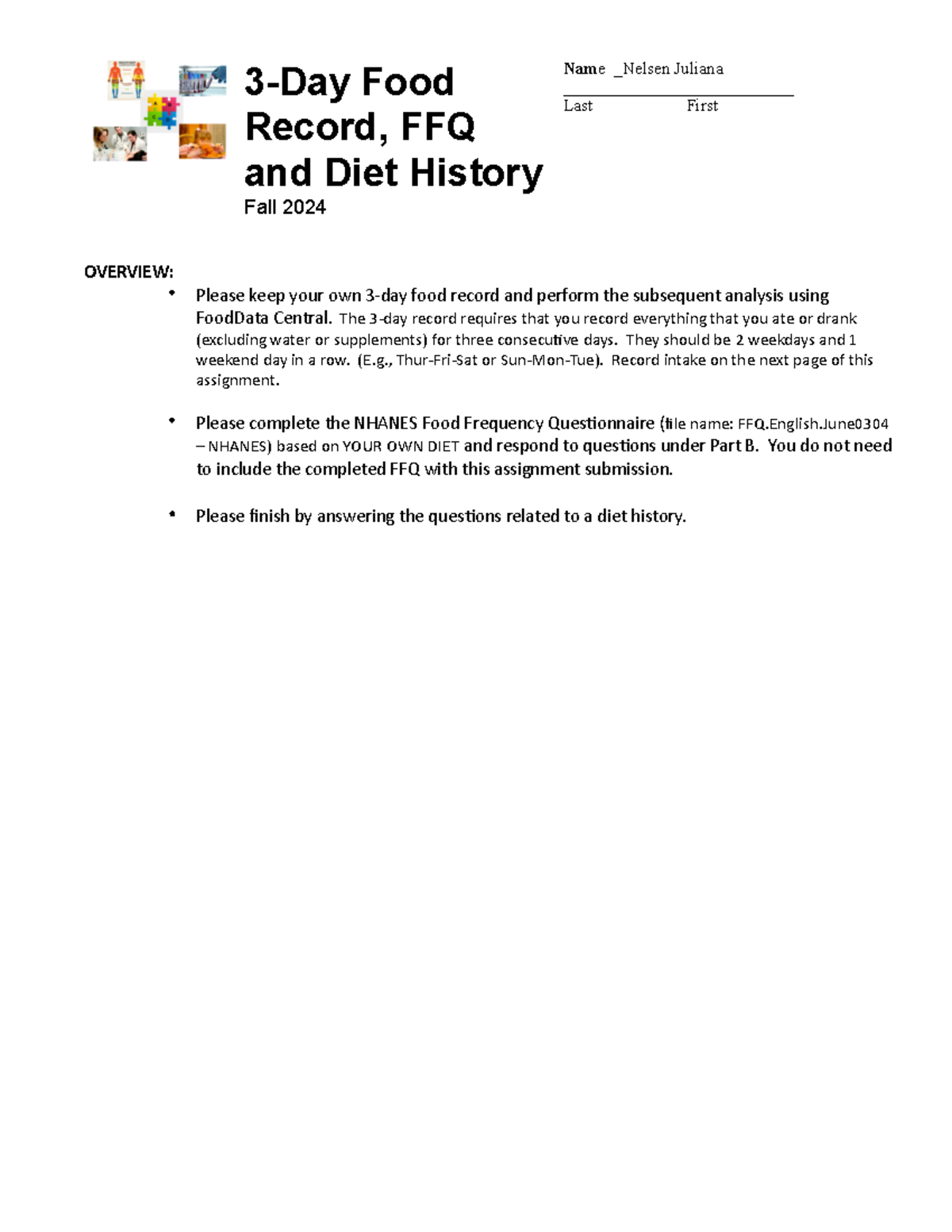 3-Day Food Record and FFQ Analysis for Diet Assessment - F2024 - Studocu