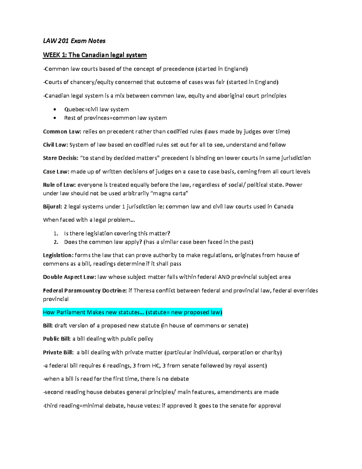 LAW 201 Exam Notes: Understanding the Canadian Legal System and Key ...