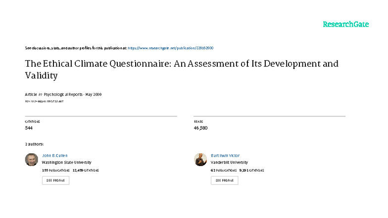 The Ethical Climate Questionnaire: Development & Validity Analysis ...