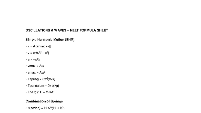 Oscillations & Waves Formula Sheet for NEET Exam - Studocu
