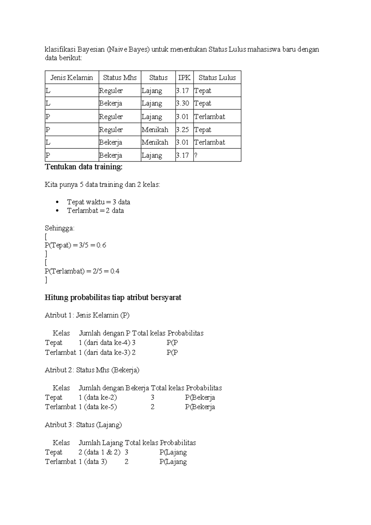 Klasifikasi Bayesian (Naive Bayes) untuk Status Lulus Mahasiswa Baru ...