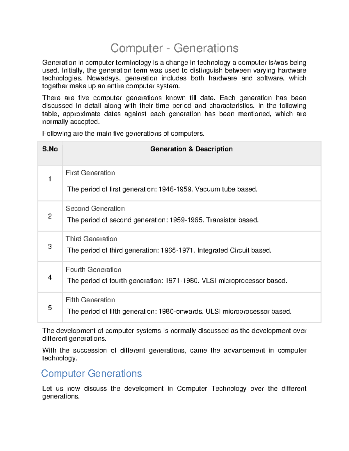 generation of Computer - Computer - Generations Generation in computer ...