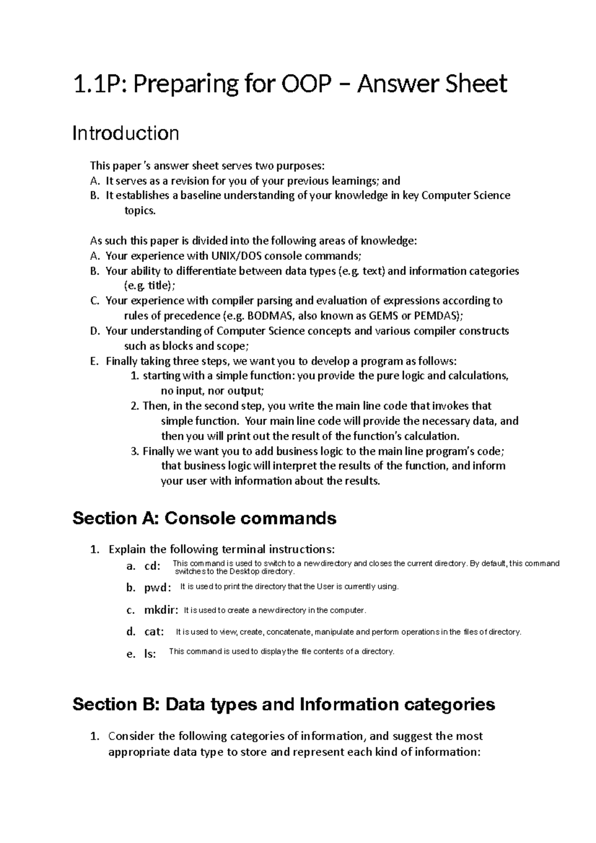 1.1P - OOP Exam Prep: Answer Sheet & Key Concepts 24HS2 - Studocu