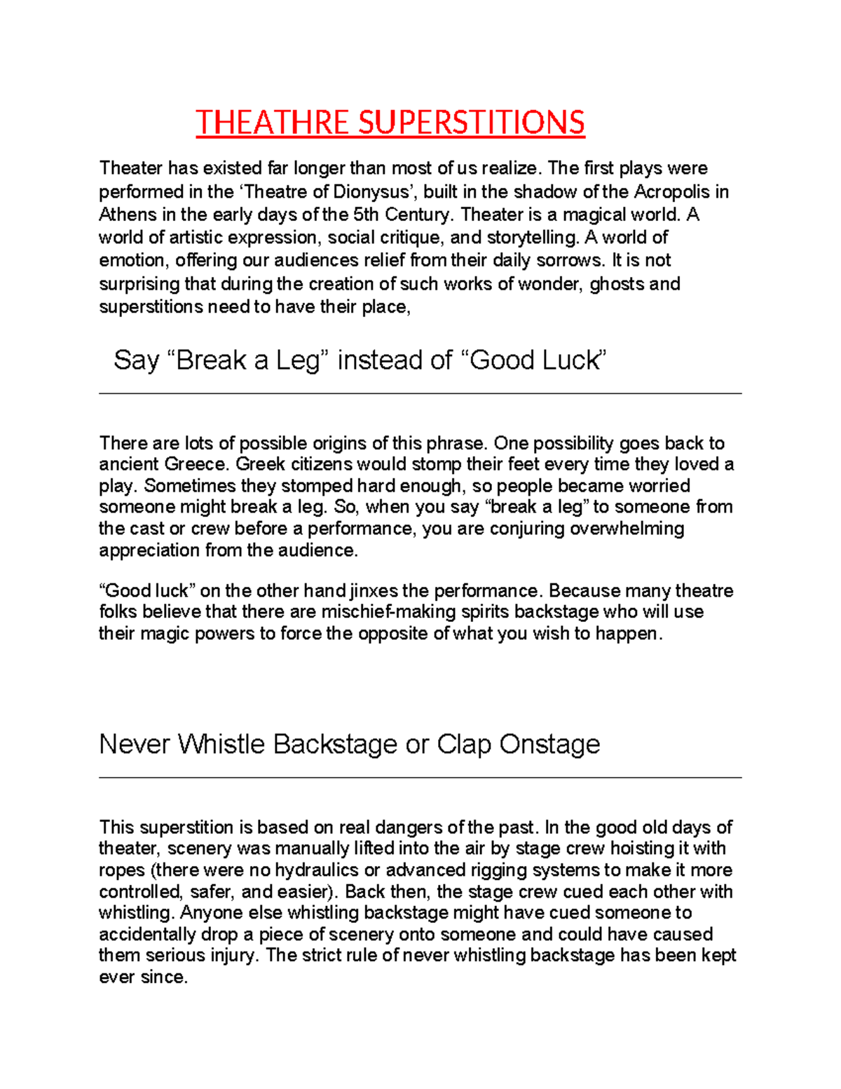 THEA 101: Exploring Theater Superstitions and Their Origins - Studocu