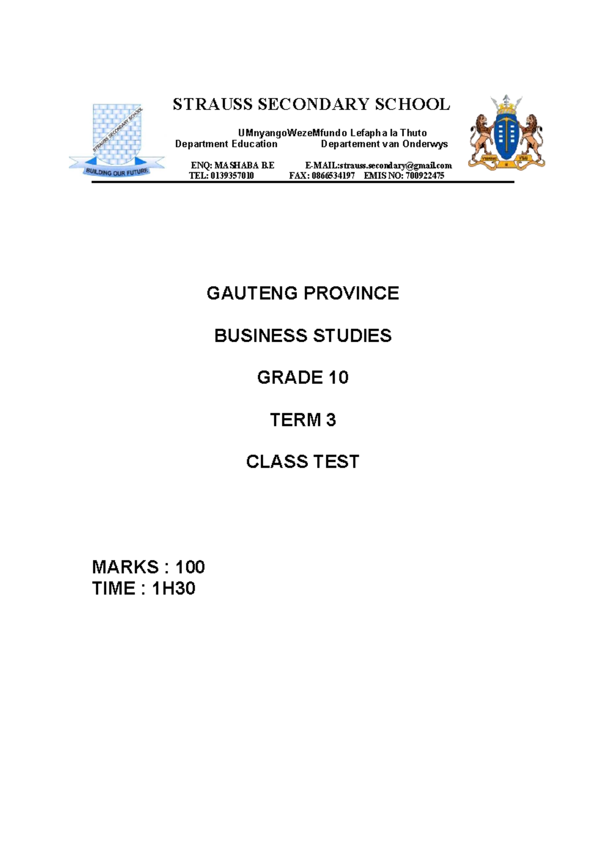 Grade 10 Business Studies Term 3 Creative Thinking Class Test - Studocu