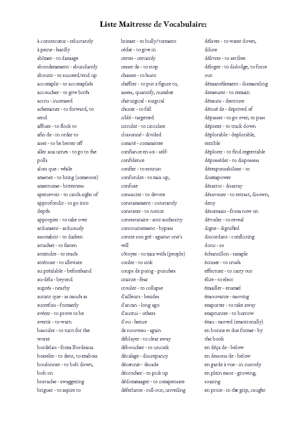 French A-Level Eduqas Vocabulary Masterlist: Key Terms & Phrases - Studocu