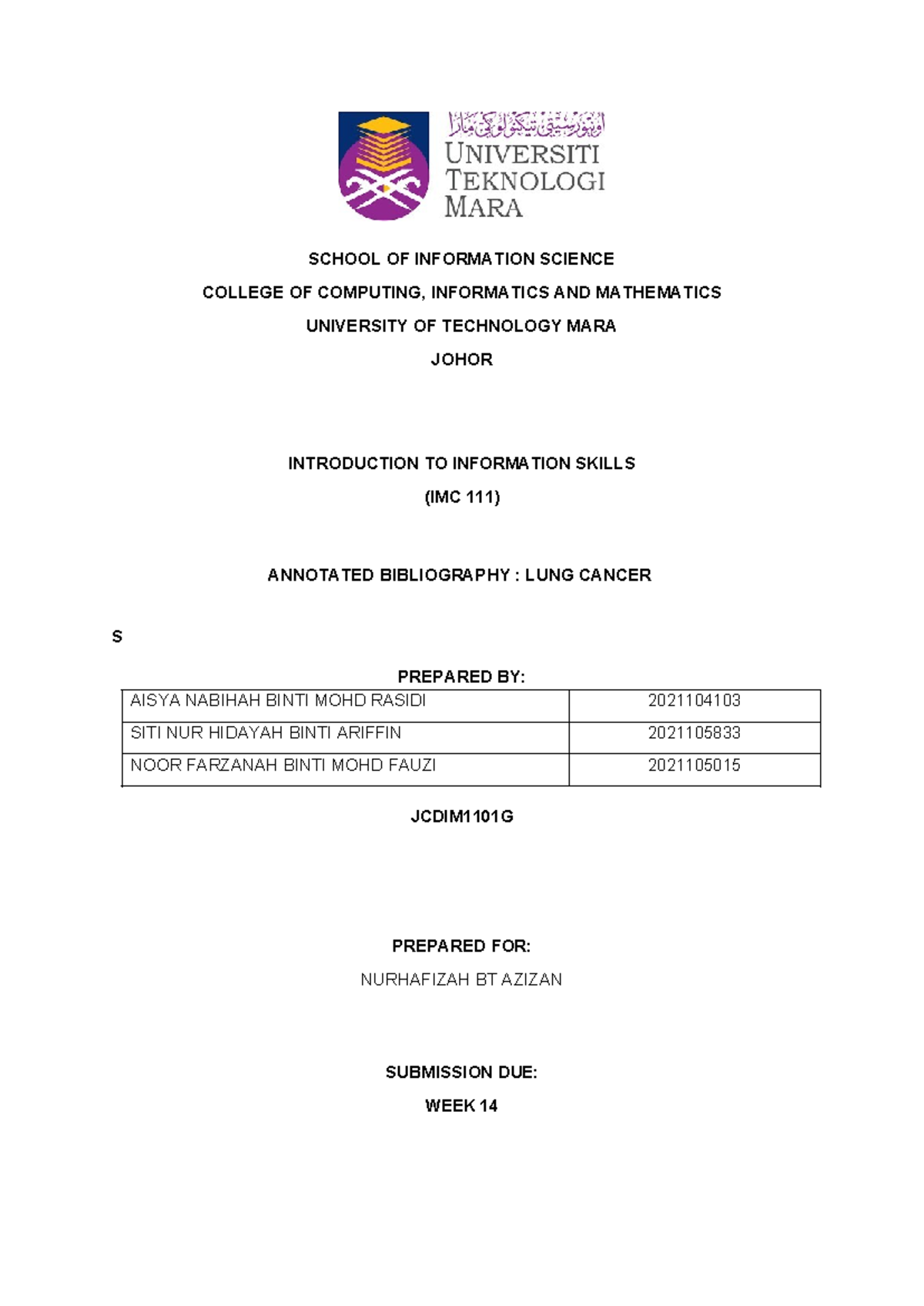 Annotated Bibliography on Lung Cancer (IMC 111) - Week 14 Submission ...