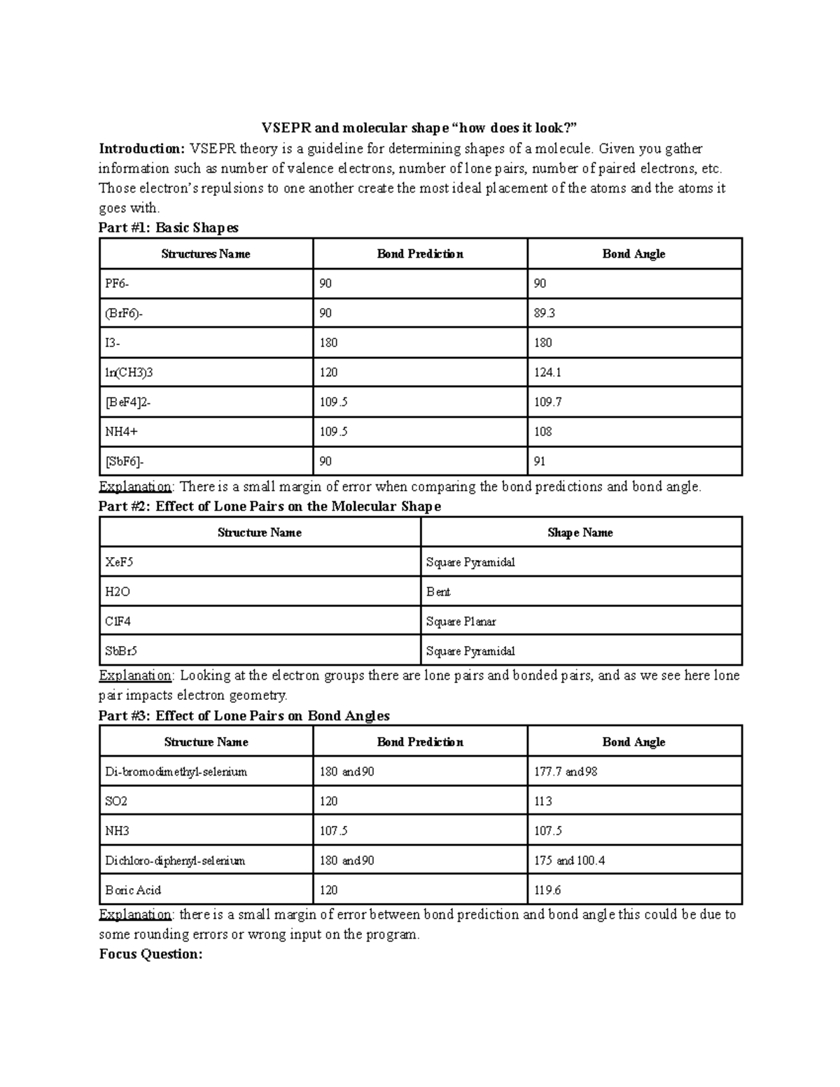 Lab #6 report - chem lab 106 experiment #6 - VSEPR and molecular shape ...