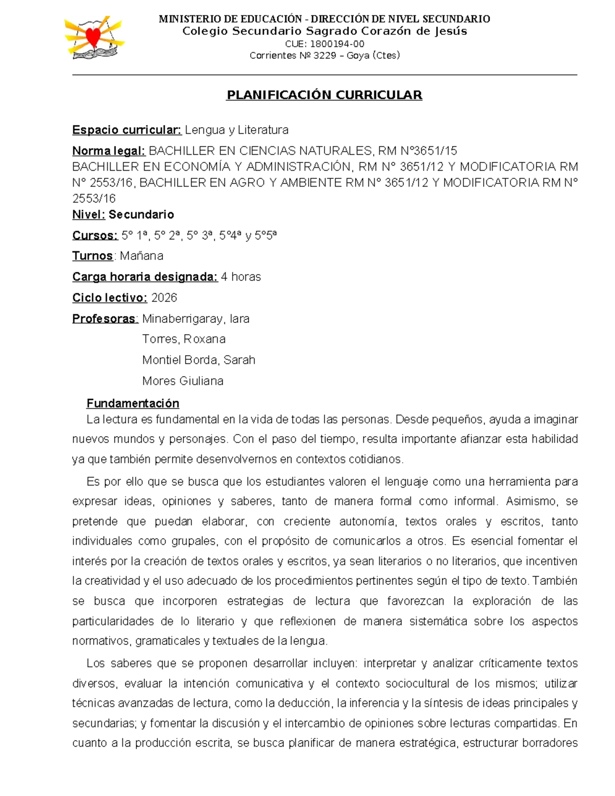 Planificación Curricular Lengua y Literatura 5to Año 2026 - Studocu