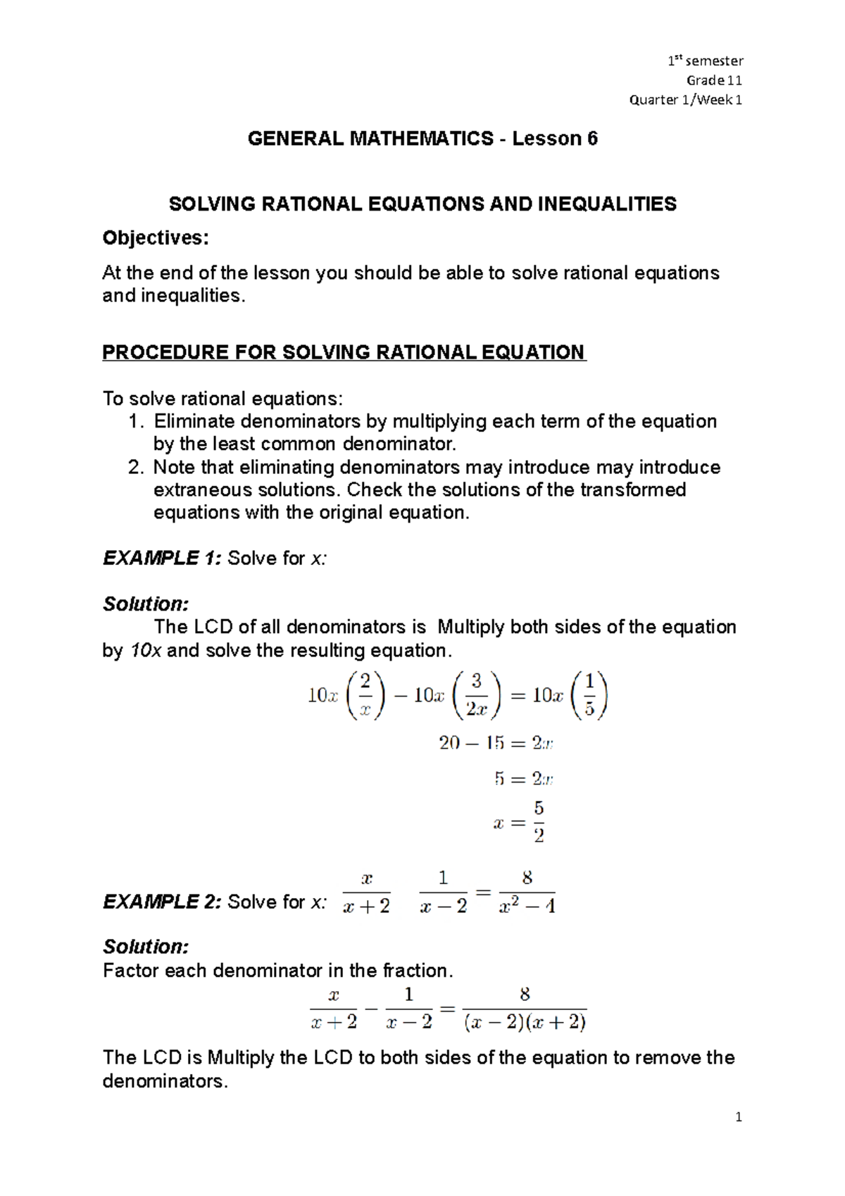 Gen Math Lesson 6 - Solving Rational Equations AND Inequalities - Grade 11 Quarter 1/Week 1 ...