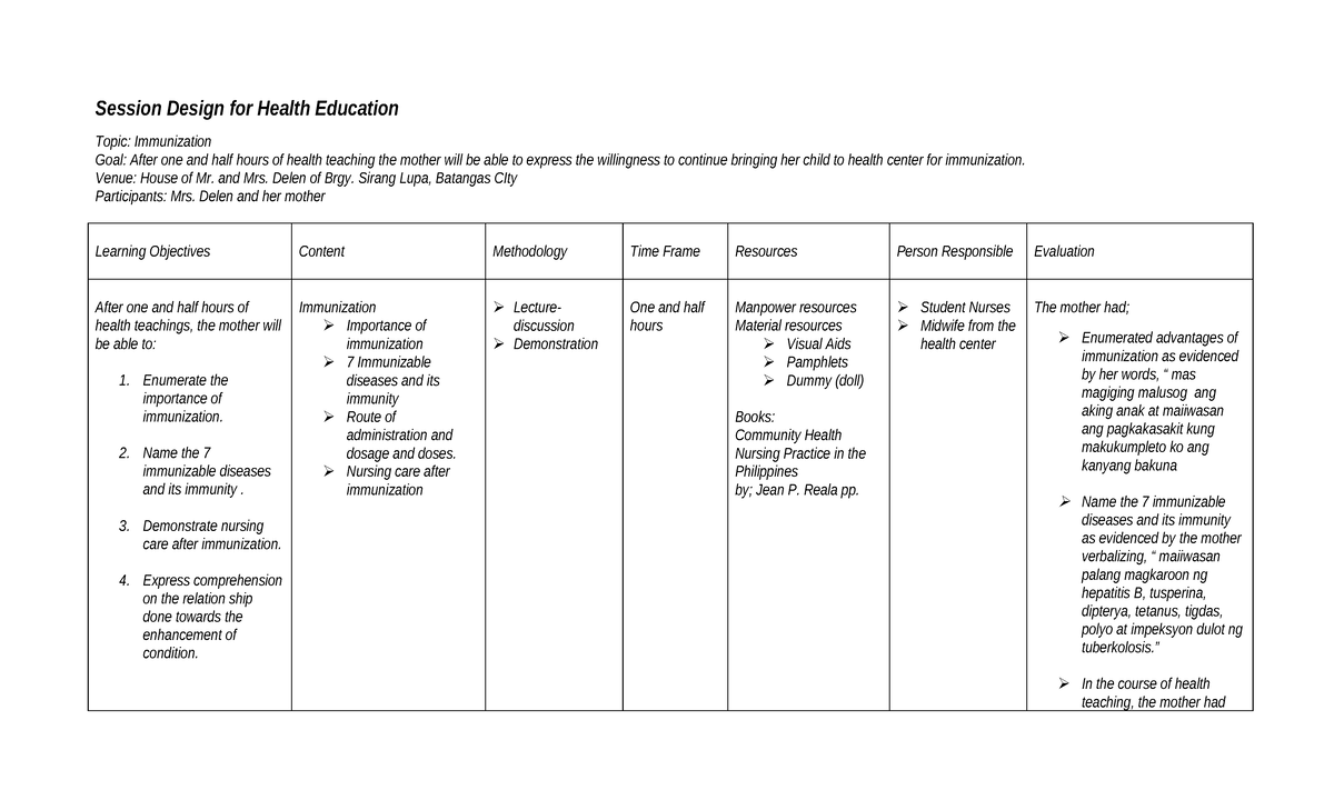 Health Education Session Plan: Immunization Teaching Design - Studocu