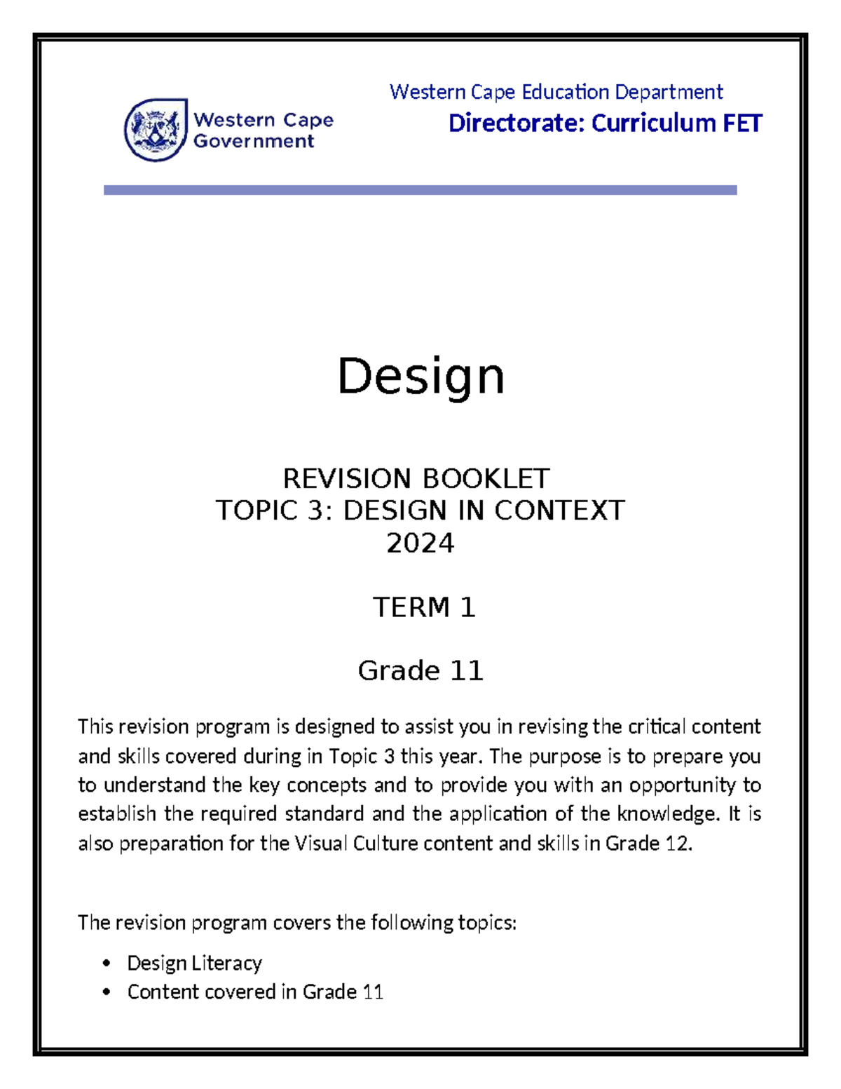 Design Revision Booklet: Grade 11 FET Curriculum Term 1 2024 - Studocu