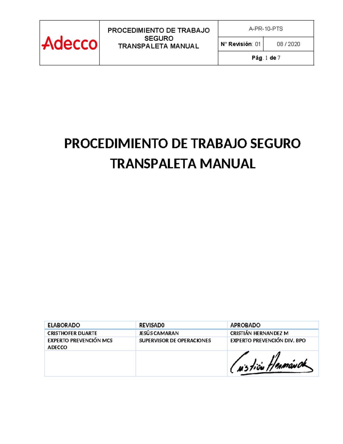 PTS Transpaleta Manual - PROCEDIMIENTO DE TRABAJO SEGURO TRANSPALETA ...
