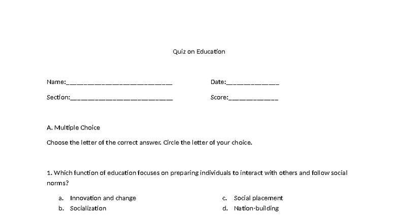 Quiz on Education USCP - Multiple Choice & True/False - Studocu
